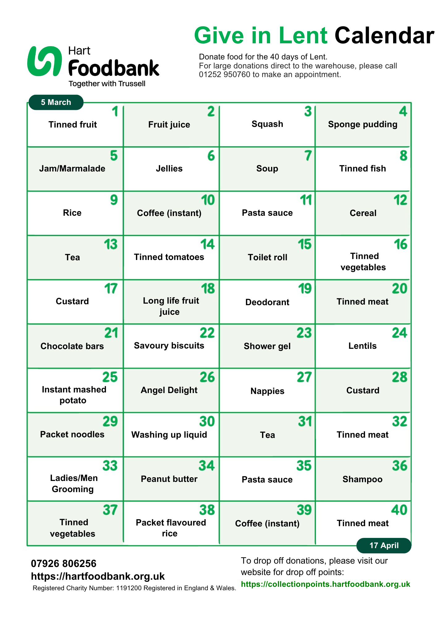 Please support our ‘Give in Lent’ Calendar | Hart Foodbank